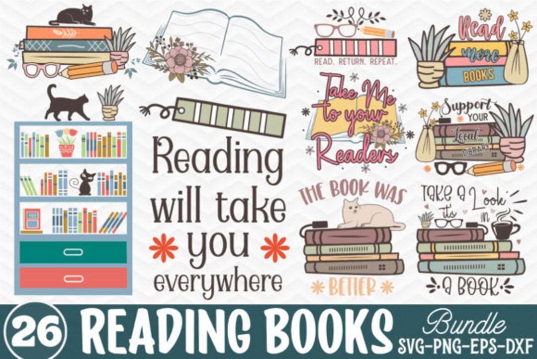 Reading Books SVG Bundle, PNG, Clipart Bundle, Book Lovers, Booktok ...
