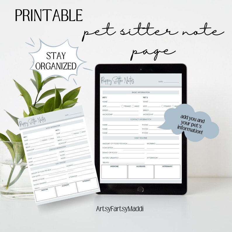 Printable Pet Sitter Note Page - Etsy