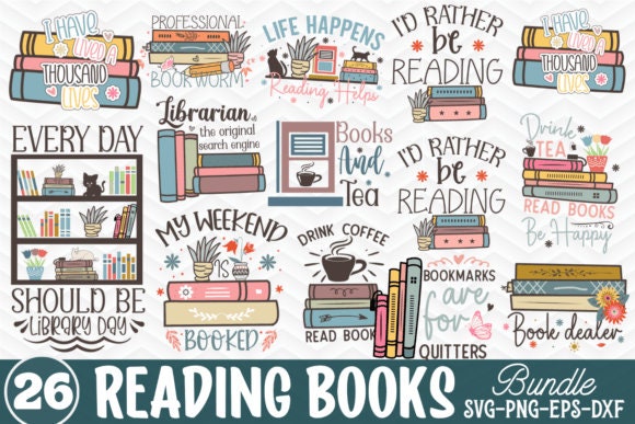 Reading Books SVG Bundle, PNG, Clipart Bundle, Book Lovers, Booktok ...