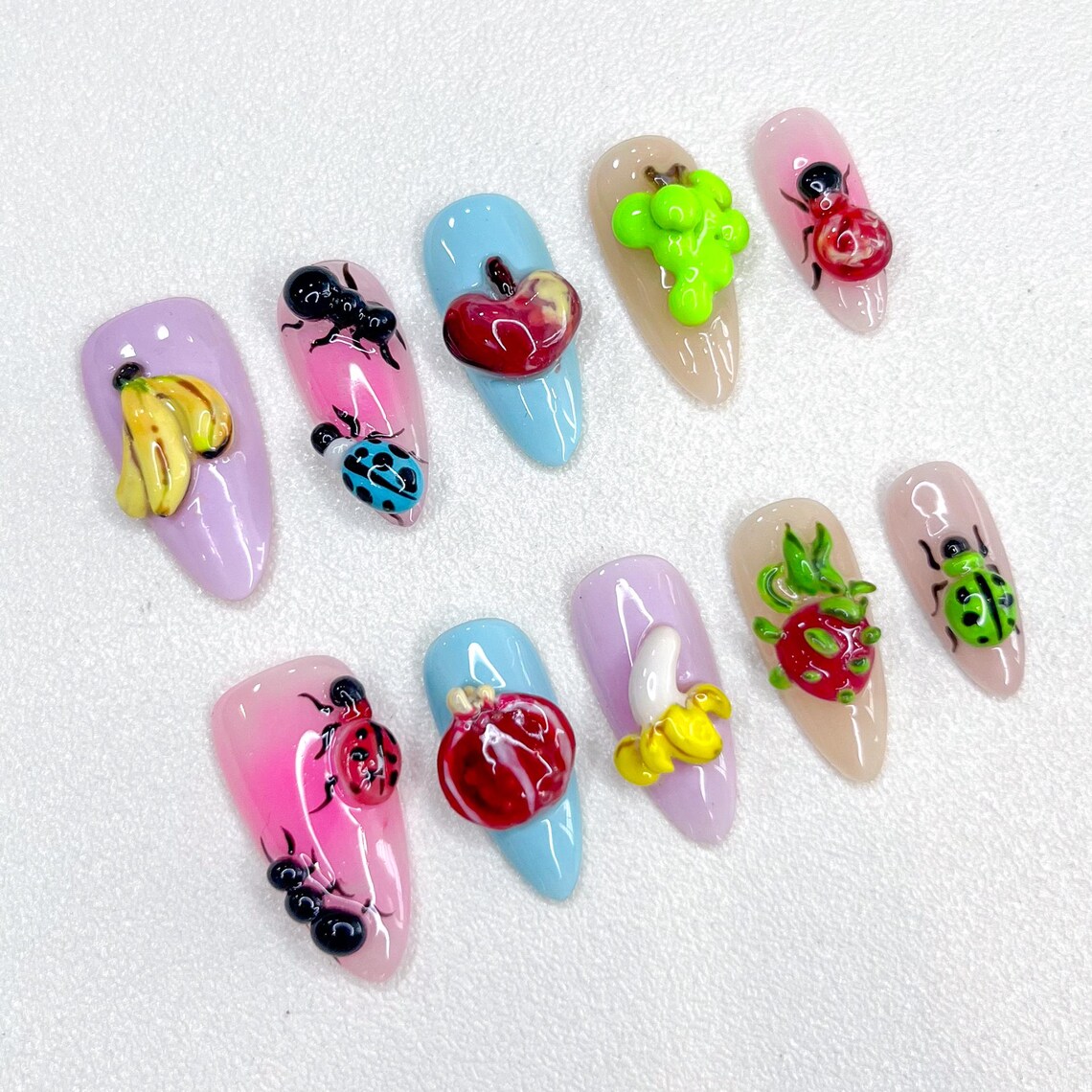 Handmade Fruit and Insect Press-on Nails With 3D Bananas, Apples, and ...