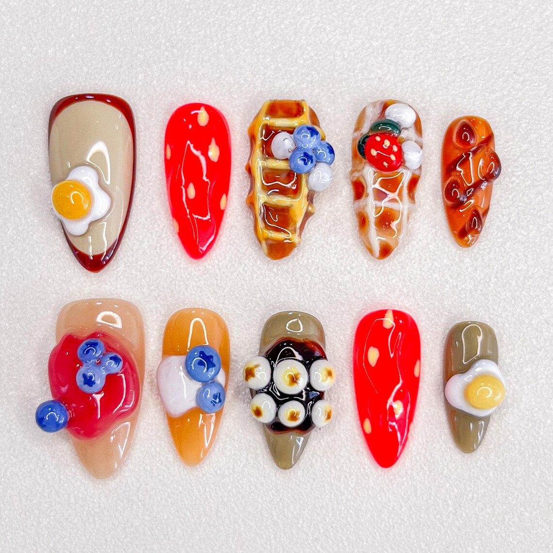 3D Food Theme Press on Nails: Multi Color Almond Acrylic Nails - Etsy
