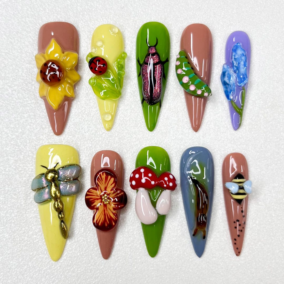 3D Insect Garden Press on Nails: Handmade Nature-inspired Nail Art - Etsy