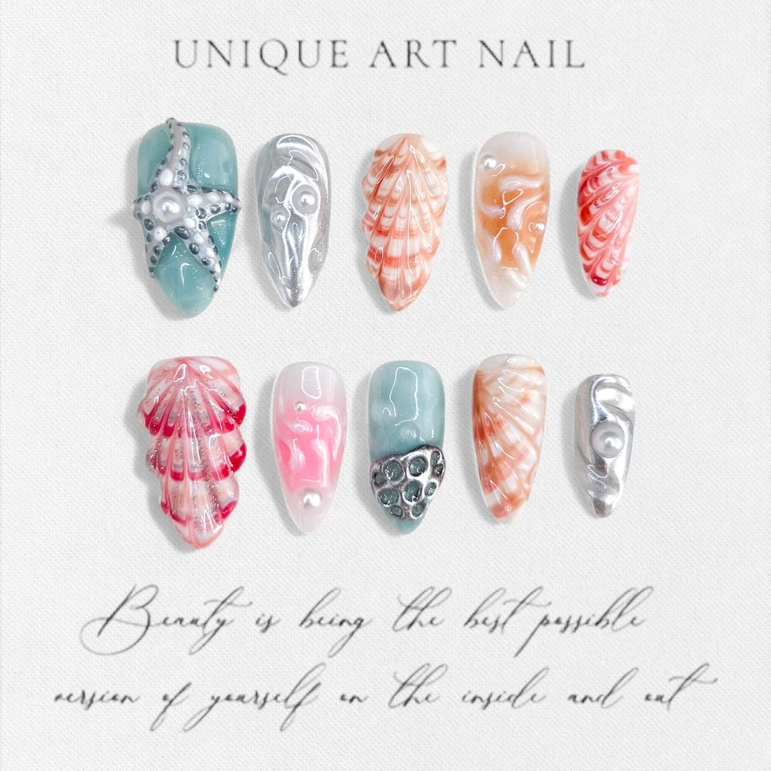 Coastal Charm 3D Almond Press-on Nails | Handmade Starfish, Seashell ...