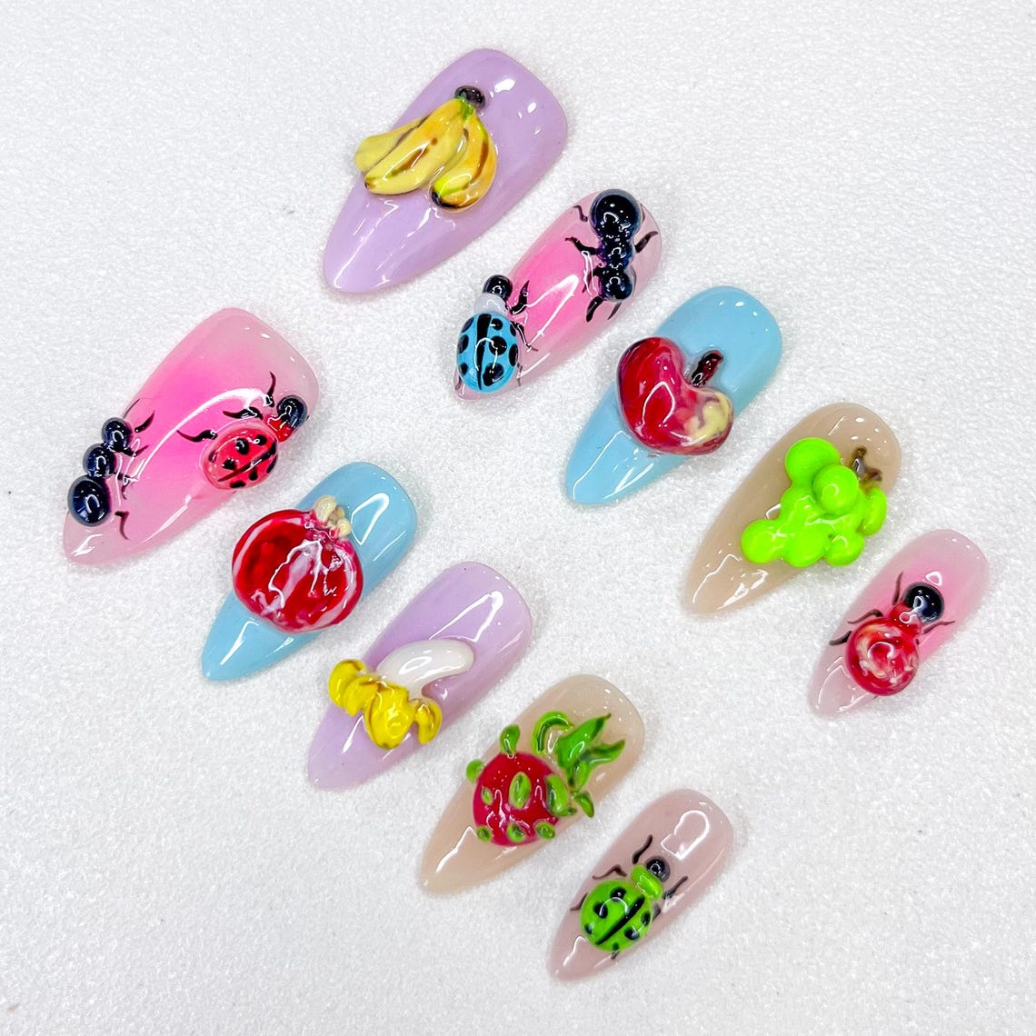 Handmade Fruit and Insect Press-on Nails With 3D Bananas, Apples, and ...