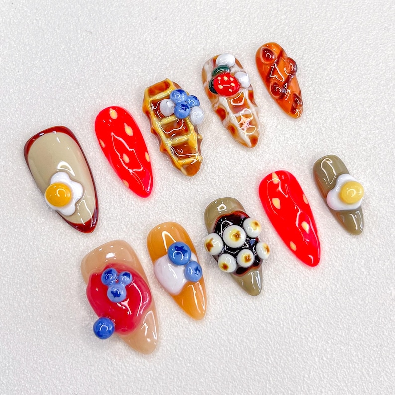 3D Food Theme Press on Nails: Multi Color Almond Acrylic Nails - Etsy