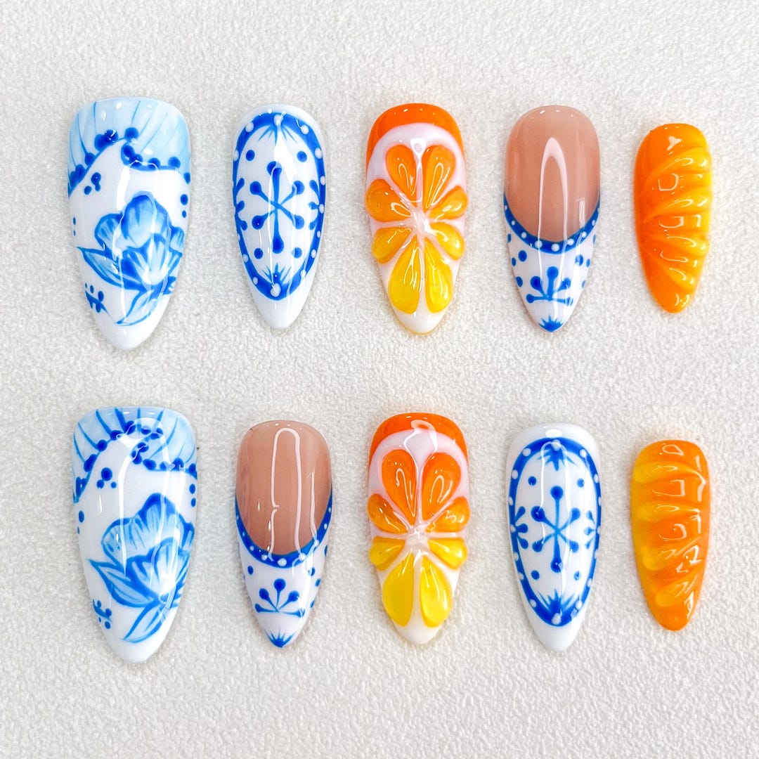 Handmade Blue Porcelain Press-on Nails | Chinoiserie Citrus Fruit Nail ...