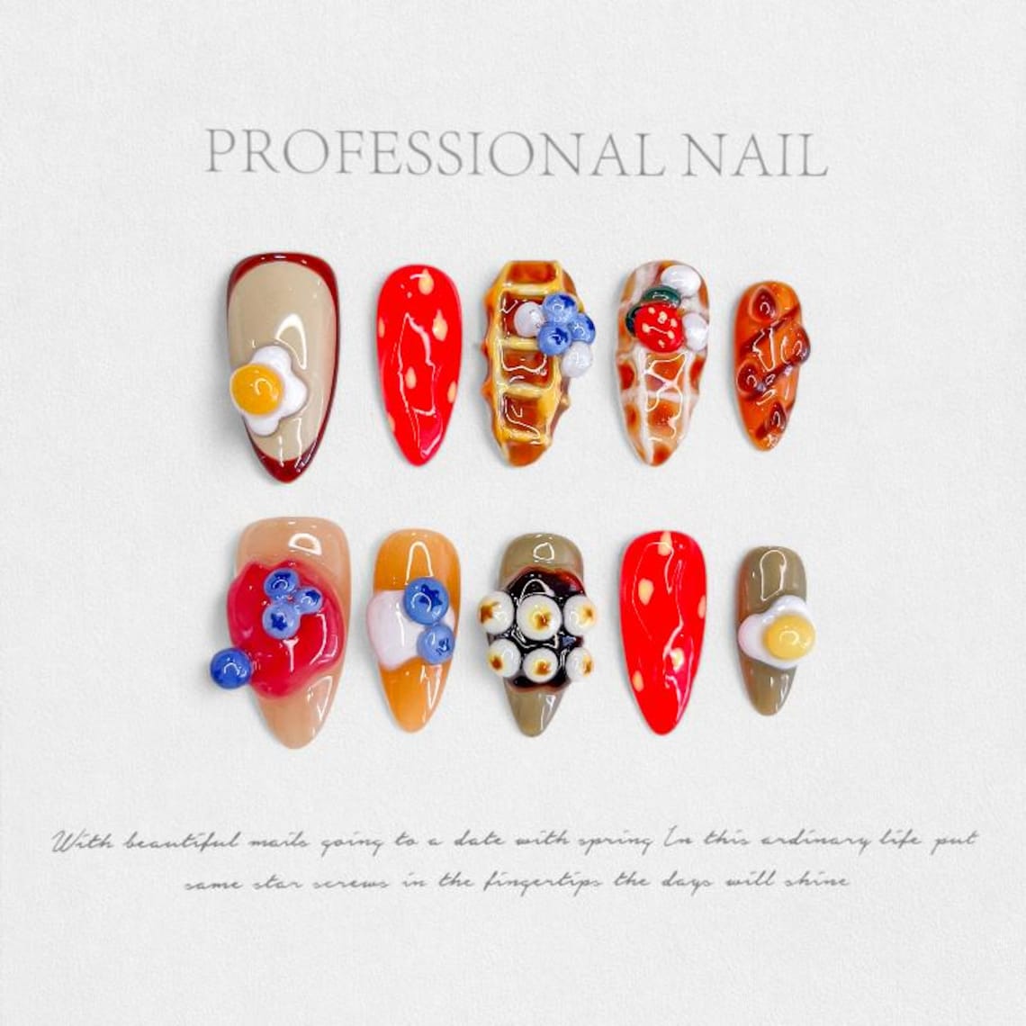 3D Food Theme Press on Nails: Multi Color Almond Acrylic Nails - Etsy