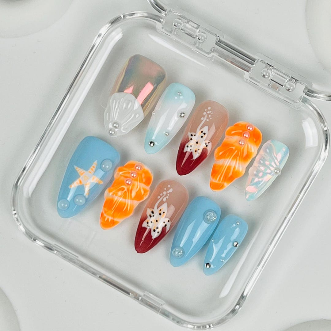 Seaside Elegance Press-on Nails | Handmade Starfish, Floral & Shell ...