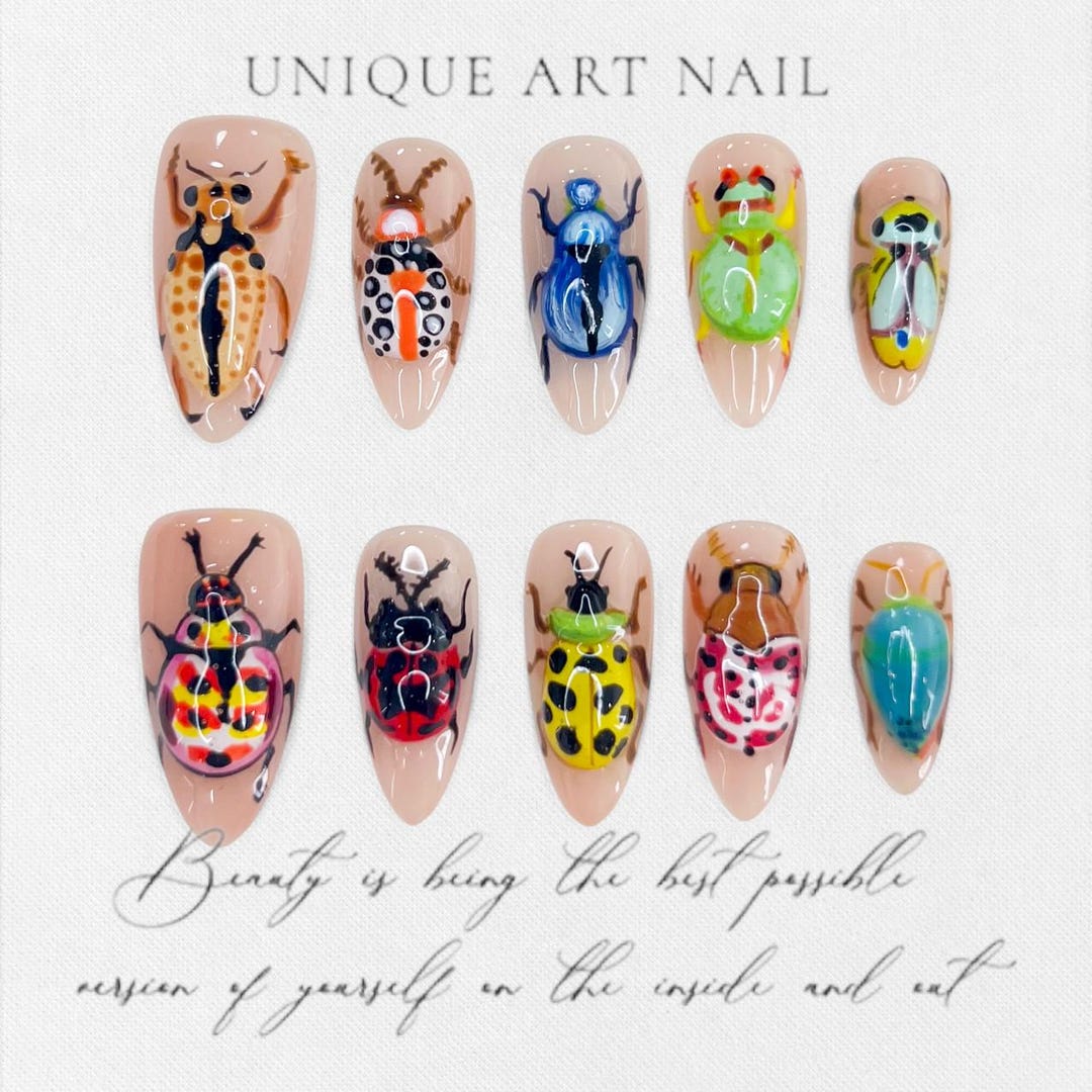 Handmade Bug-themed Press-on Nails With Colorful 3D Insects and ...
