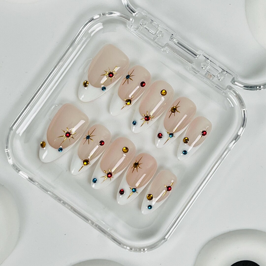 Celestial Spark Medium Almond Press-on Nails | White French Tips With ...