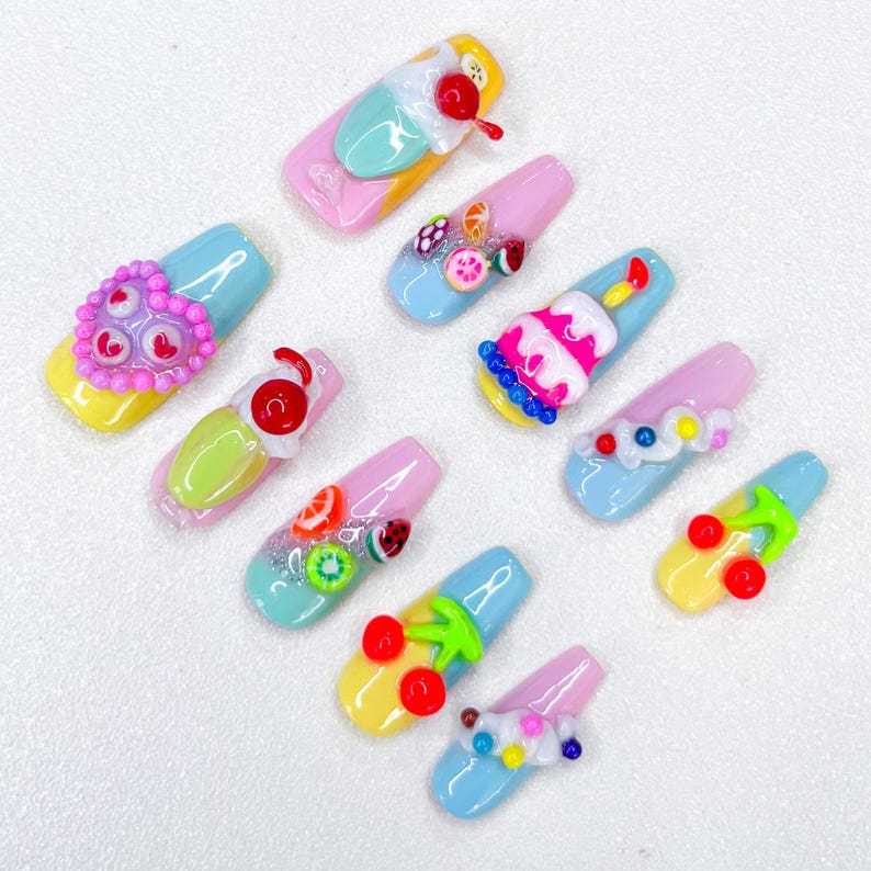 Handmade Dessert-inspired Press-on Nails With 3D Cakes, Fruit, and ...