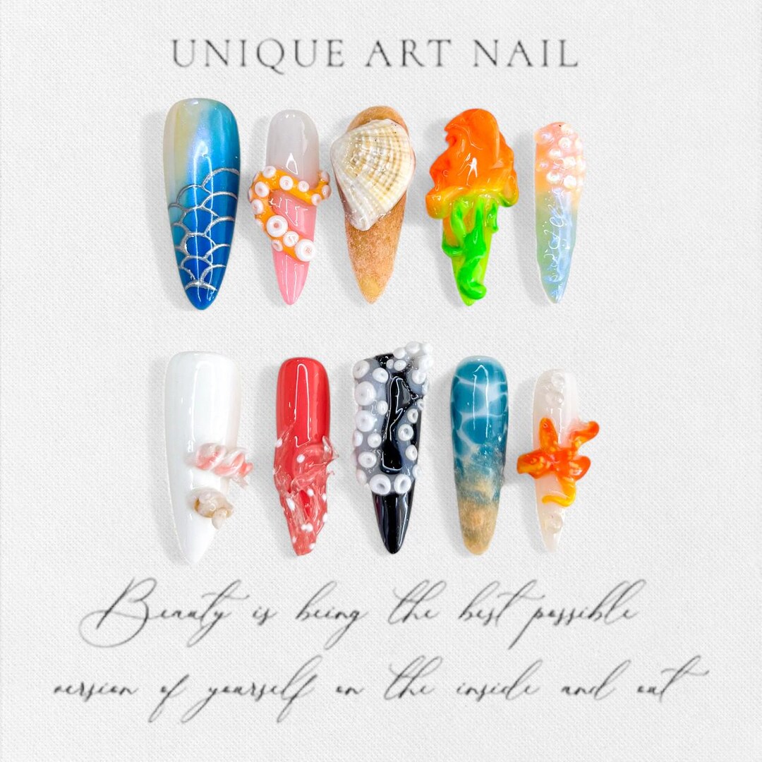 Coral Reef 3D Stiletto Press-on Nails | Handmade Shells, Starfish, and ...