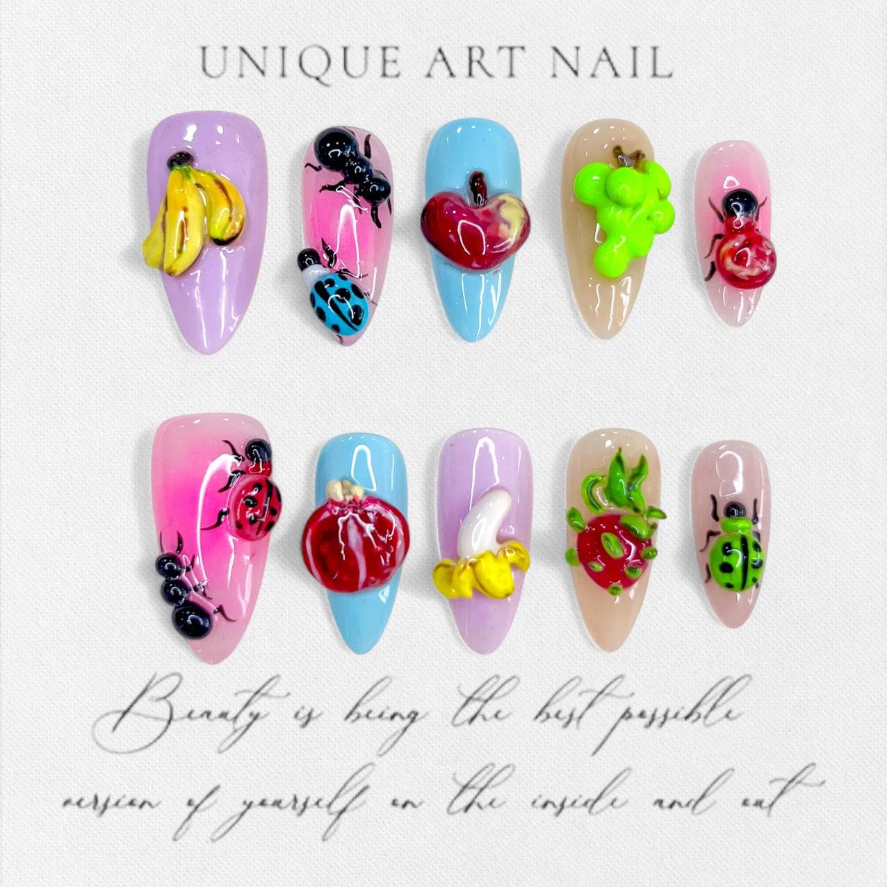Handmade Fruit and Insect Press-on Nails With 3D Bananas, Apples, and ...