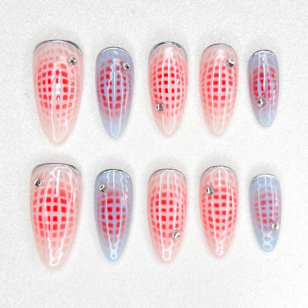 Retro Grid – Handmade Red Checkered Press on Nails | Long Almond Nails ...