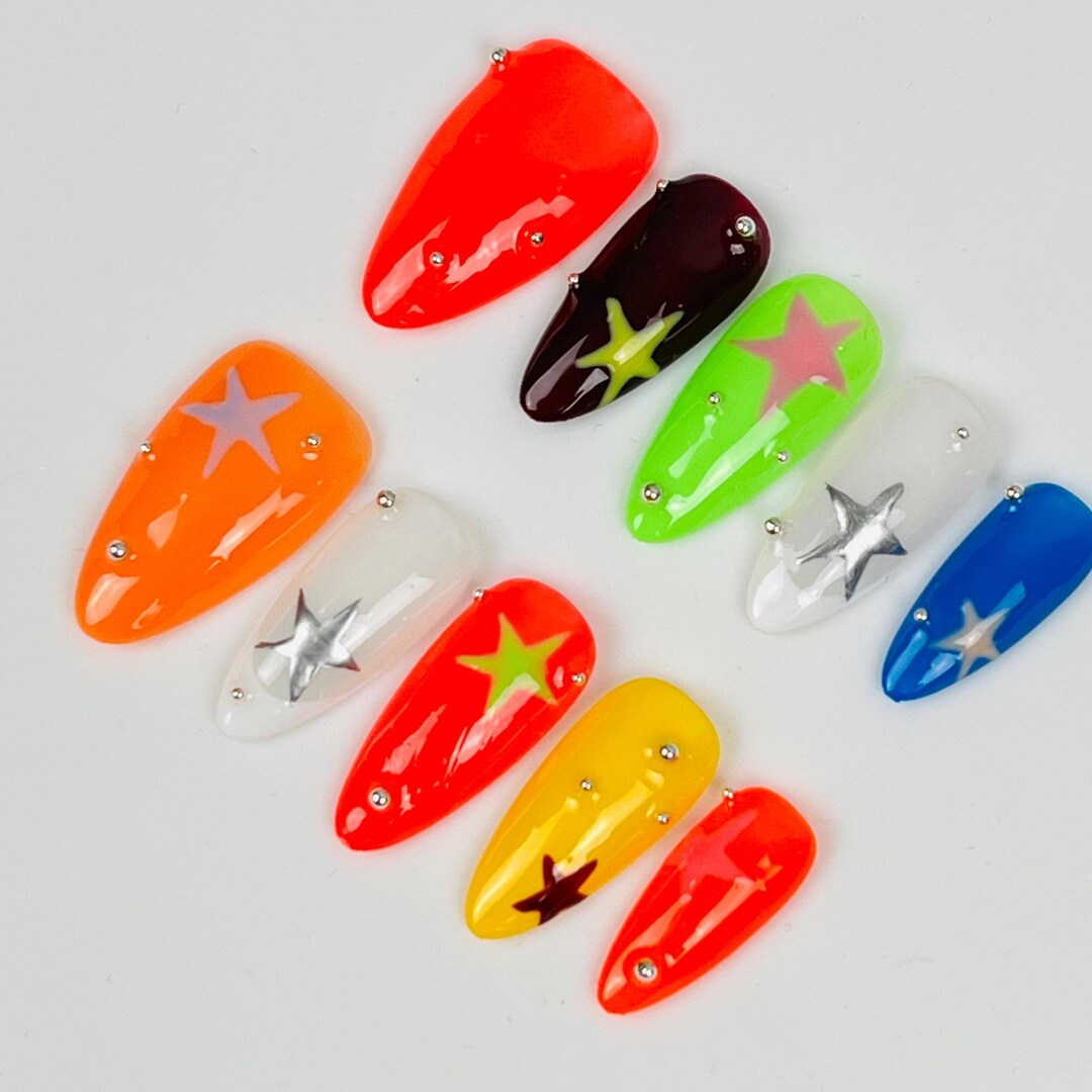 Neon Galaxy | Medium Almond Press-on Nails | Vibrant Starry Nail Art in ...