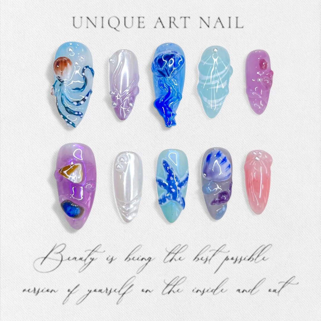 Underwater Elegance 3D Almond Press-on Nails | Handmade Jellyfish ...