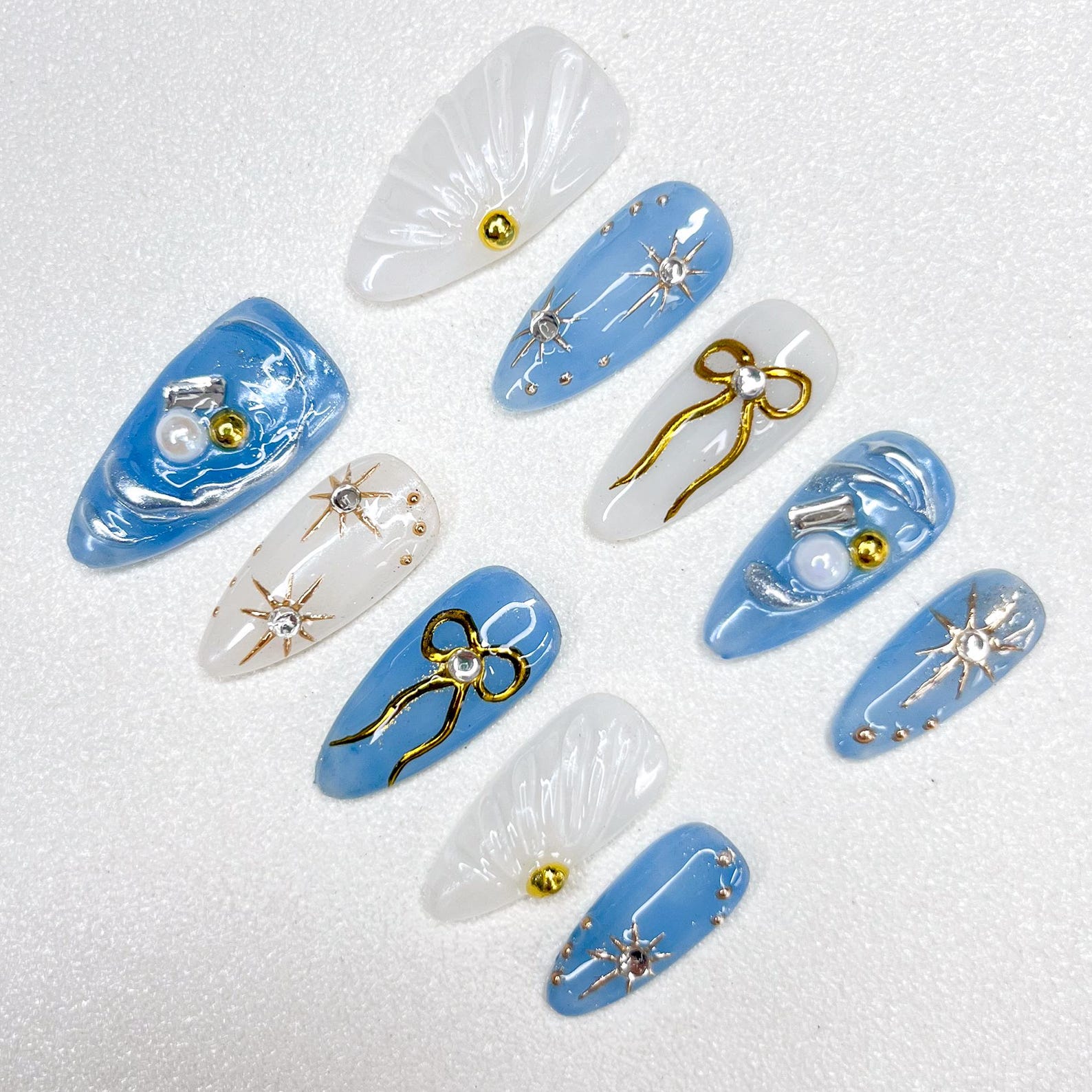 Celestial Blue Press-on Nails: 3D Bow, Star & Pearl Nail Art - Etsy