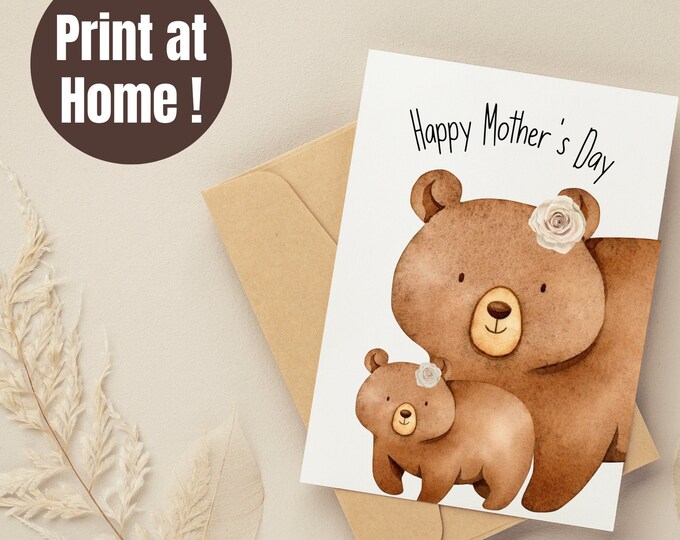 Printable Boho Mama Bear and Baby Bear Digital Mother's Day Card, 5x7 ...