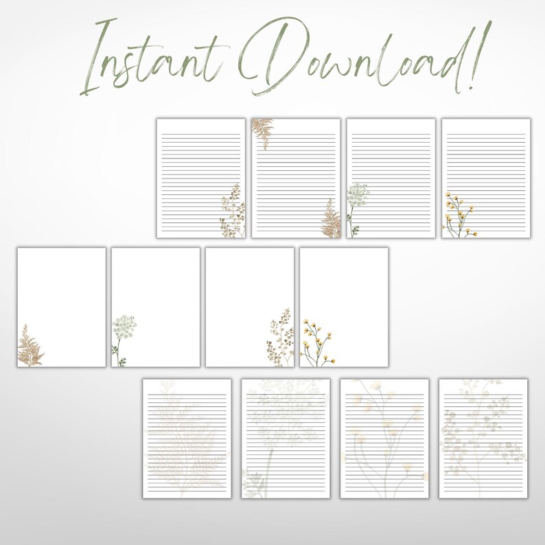 12 Page Boho Wildflower Printable Stationery Set, Wildflower Stationery ...