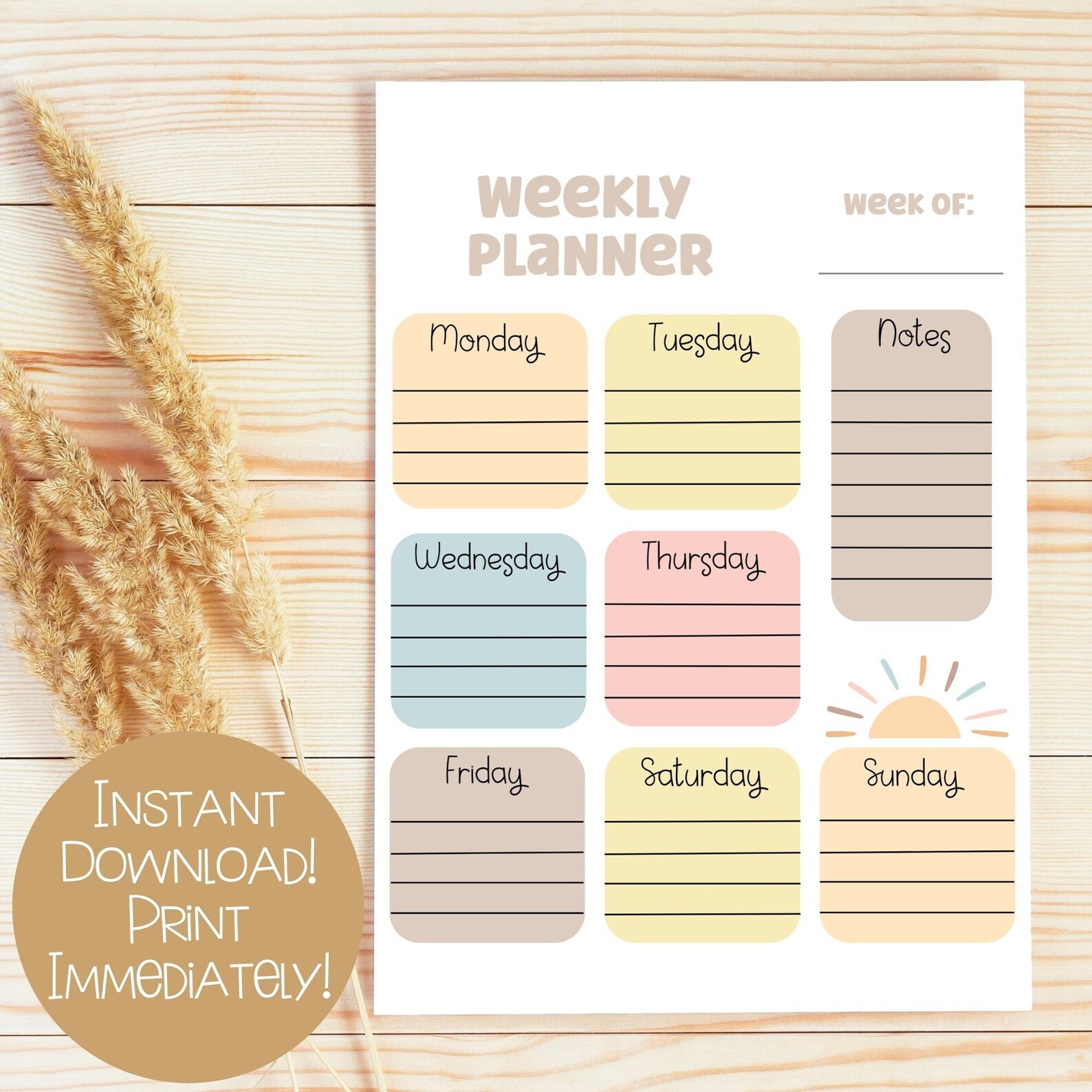 Boho Weekly Planner Printable, Instant Download, Pastel Color Digital ...