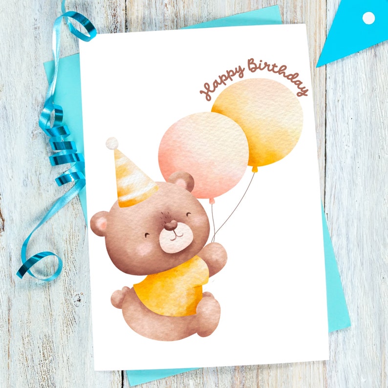 Printable Cute Bear Gender Neutral Birthday Card, 5x7 Digital Gender ...