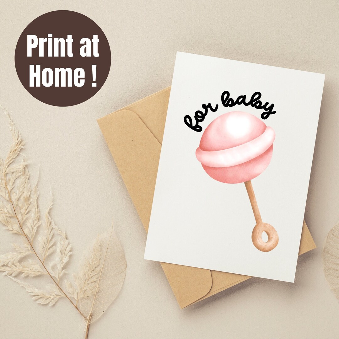 Pink Rattle Printable Baby Shower Greeting Card, Digital Baby Shower ...
