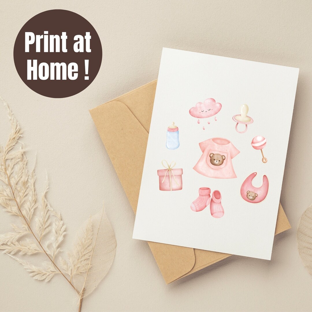 Pink Printable Baby Shower Greeting Card, Digital Baby Shower Card ...