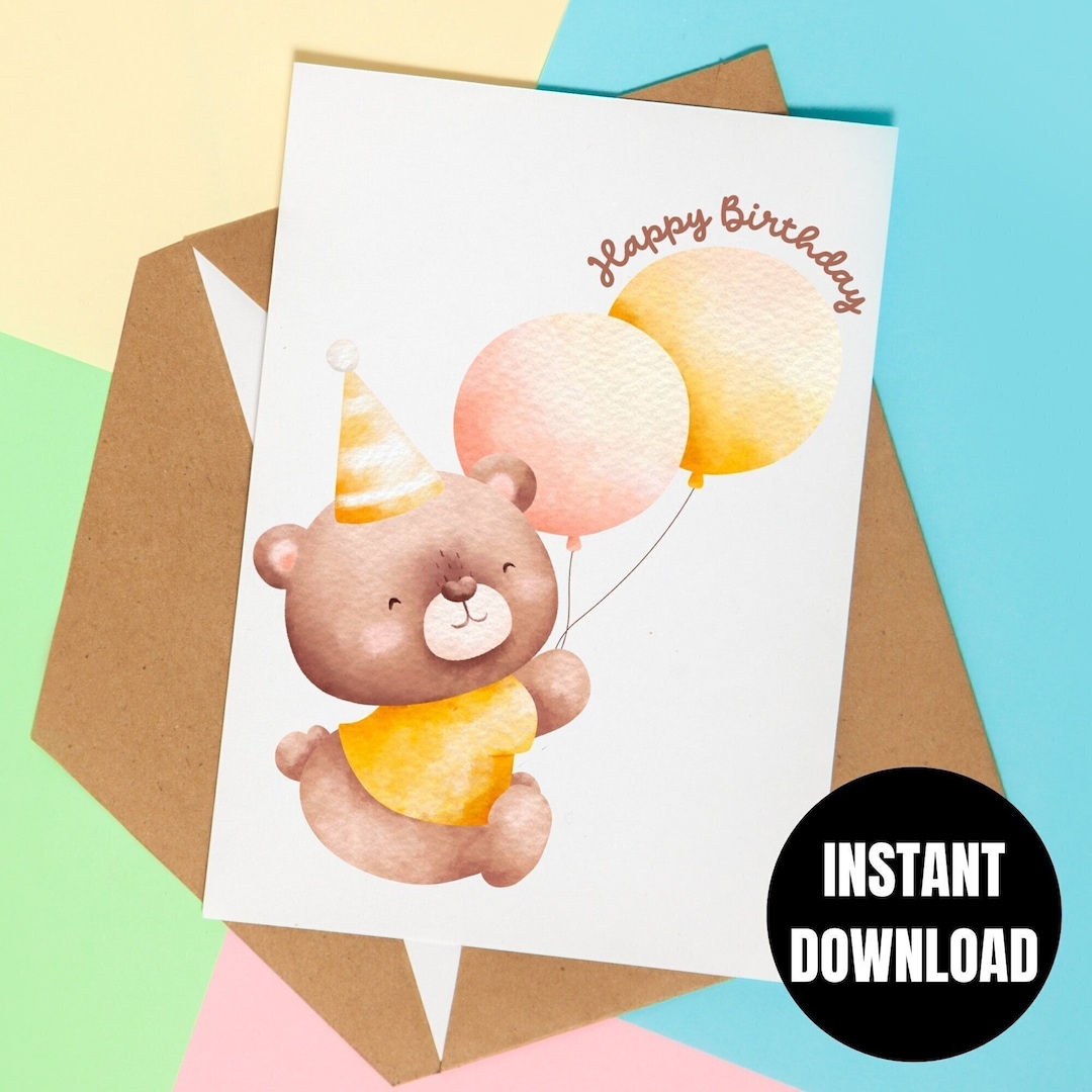 Printable Cute Bear Gender Neutral Birthday Card, 5x7 Digital Gender ...