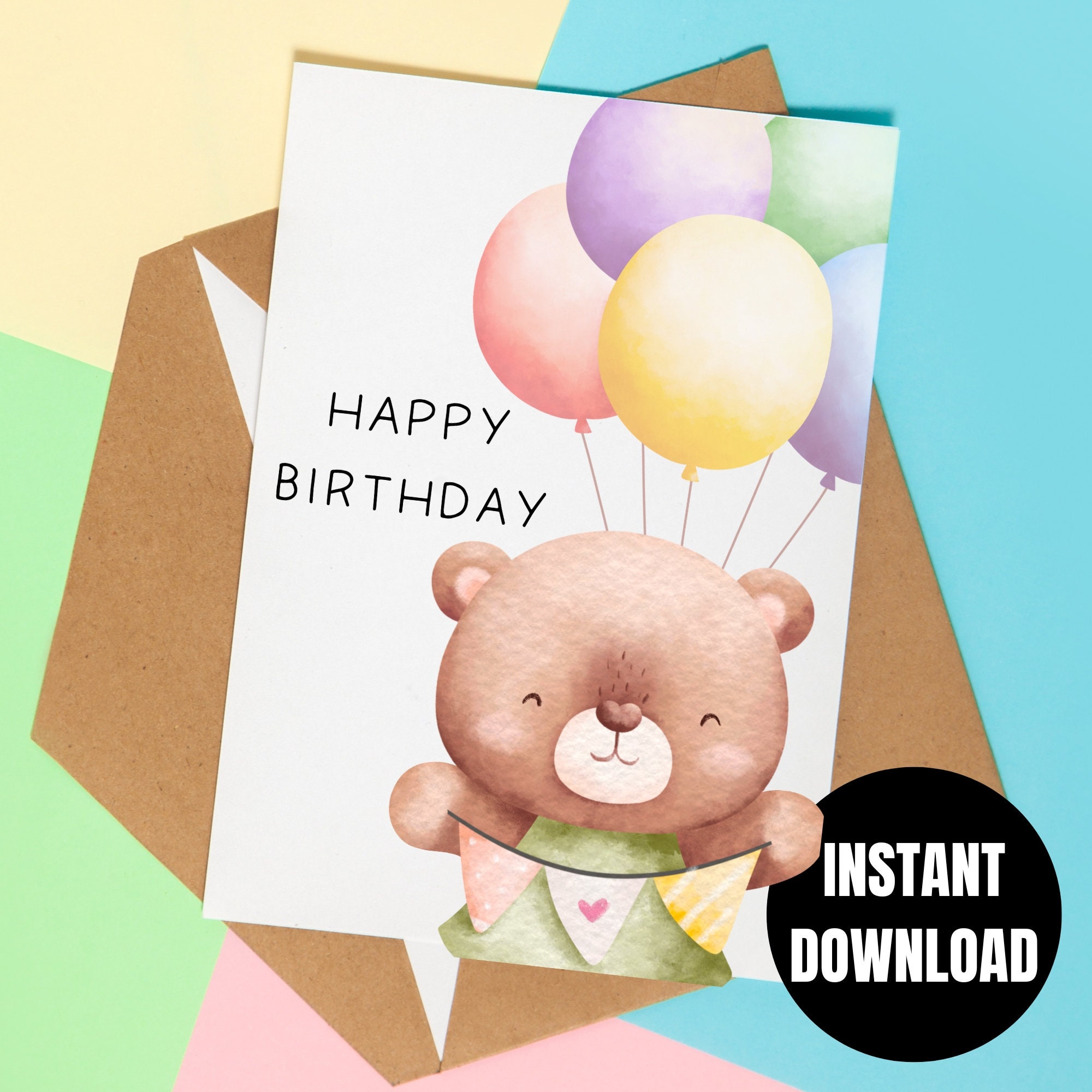 Printable Cute Bear Gender Neutral Birthday Card, 5x7 Digital Gender ...