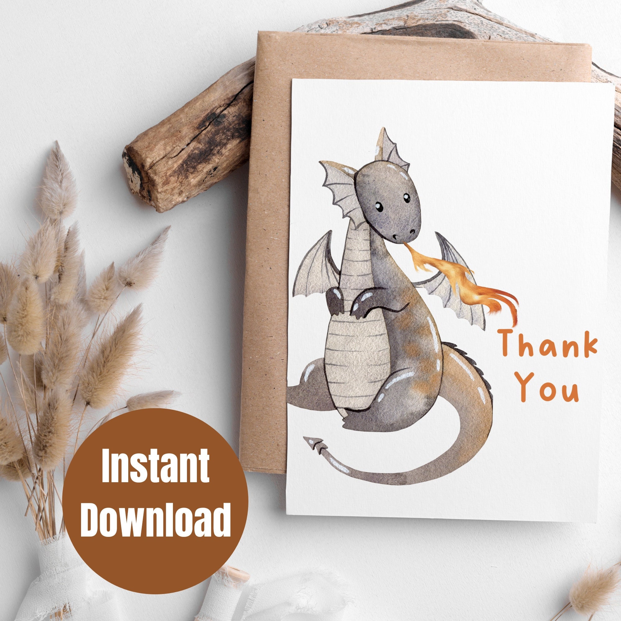 Printable Cute Dragon Digital Thank You Card, Digital Printable Thank ...