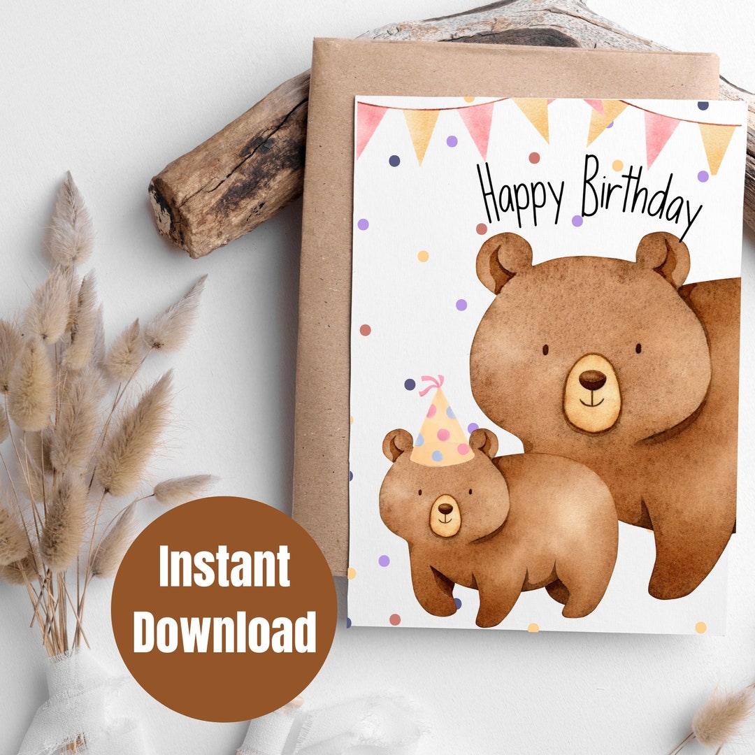 Printable Cute Bears Digital Birthday Card, Digital Printable Birthday ...