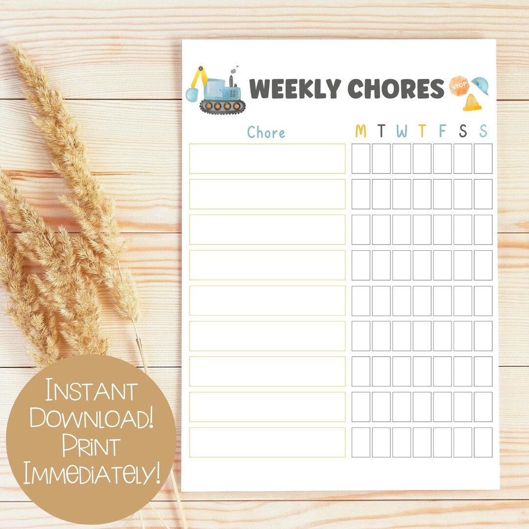 Construction Vehicle Printable Boys Weekly Chore Chart, Printable Chore ...