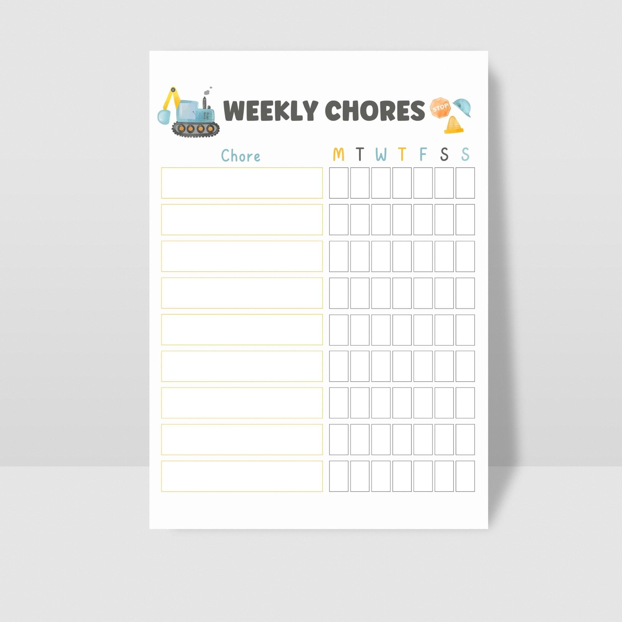 Construction Vehicle Printable Boys Weekly Chore Chart, Printable Chore ...