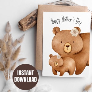 Printable Boho Mama Bear and Baby Bear Digital Mother's Day Card, 5x7 ...