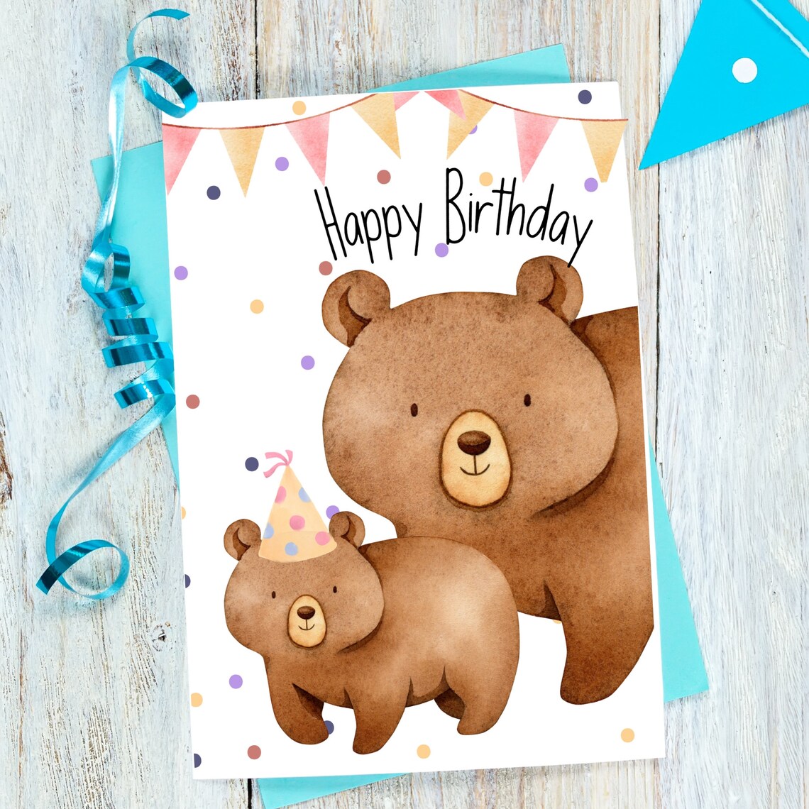 Printable Cute Bears Digital Birthday Card, Digital Printable Birthday ...