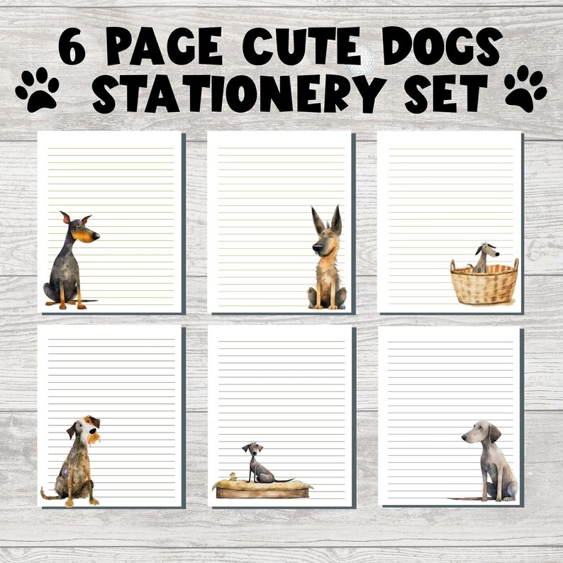 6 Page Watercolor Dogs Printable Stationery Set, Dog Stationery Set, 8 ...