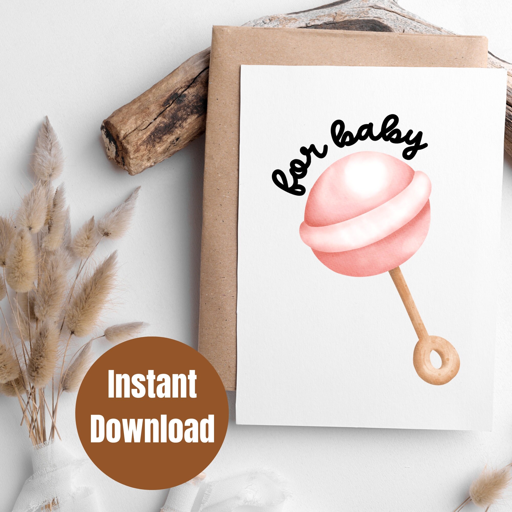 Pink Rattle Printable Baby Shower Greeting Card, Digital Baby Shower ...