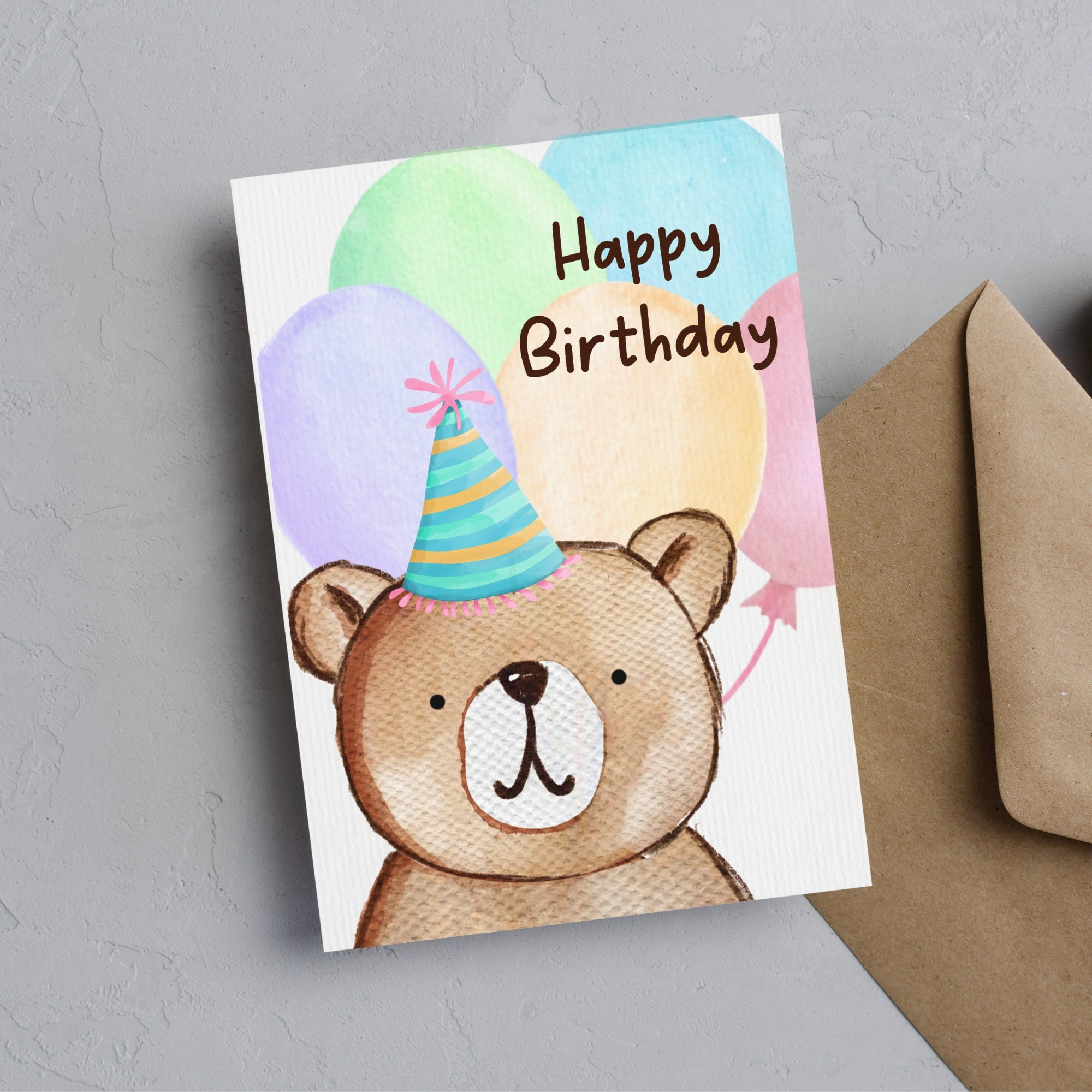 Printable Cute Bear Digital Birthday Card, Digital Printable Birthday ...