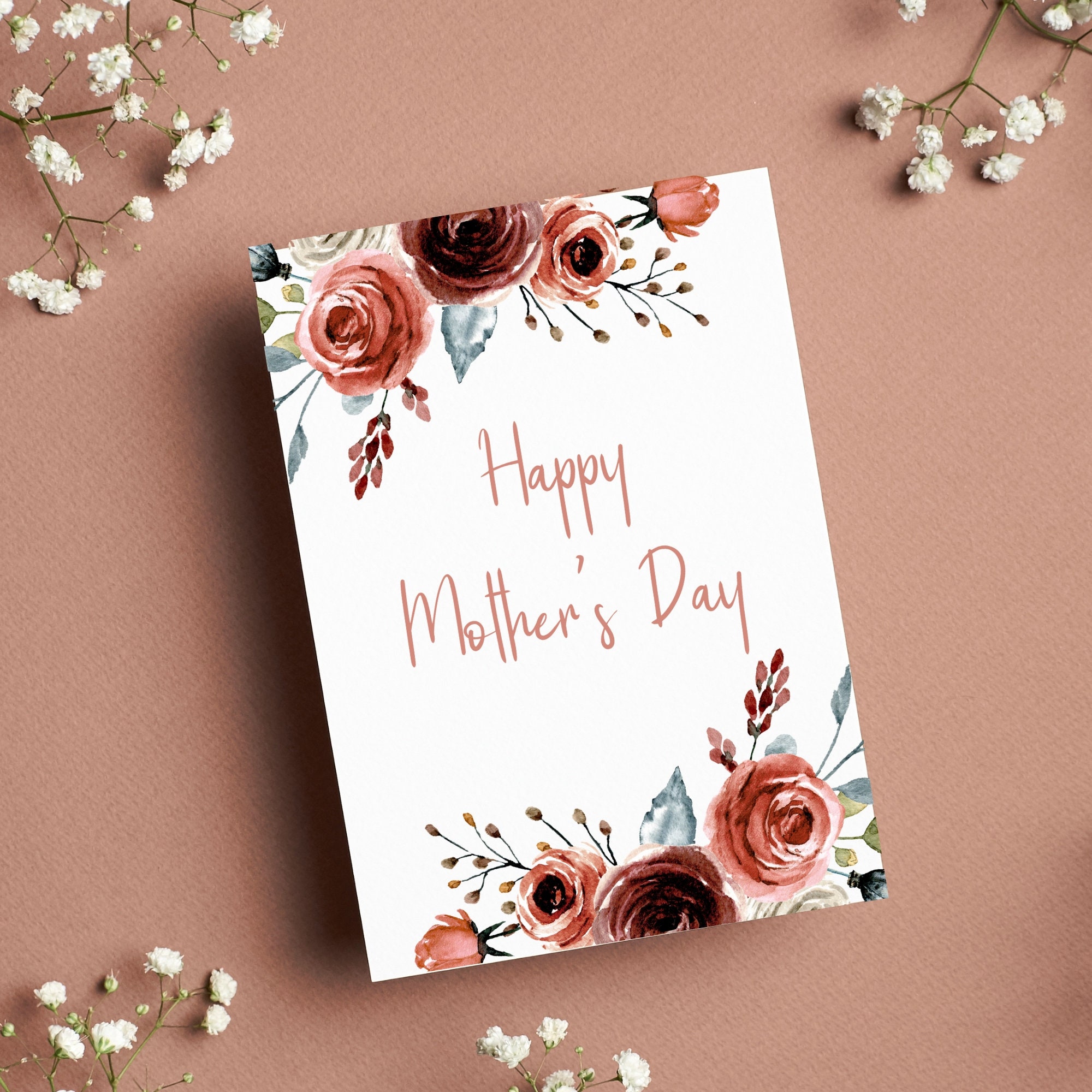 Printable Boho Terracotta Roses Floral Digital Happy Mother's Day Card ...