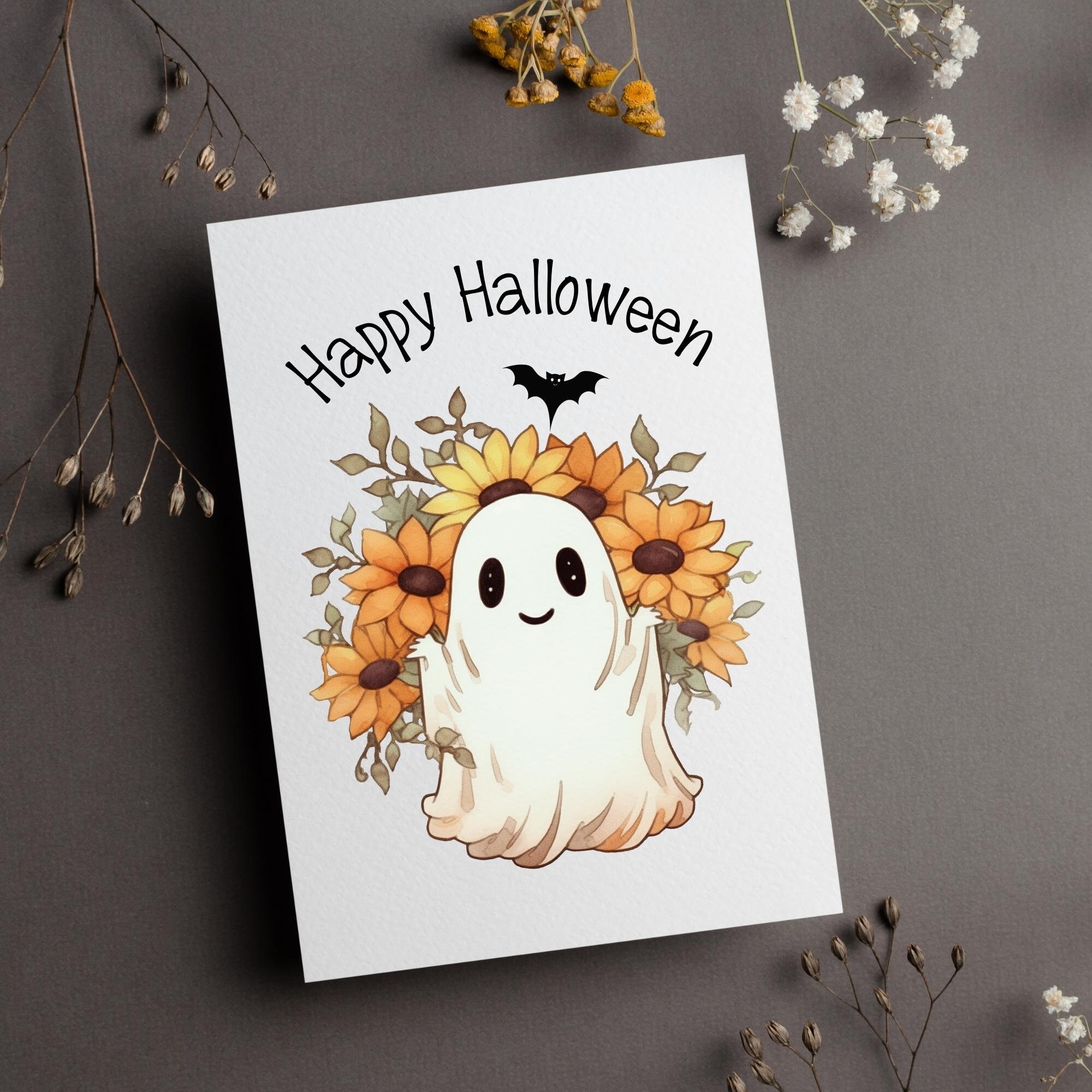 Printable Boho Halloween Digital Card, Printable Boho Floral Ghost ...