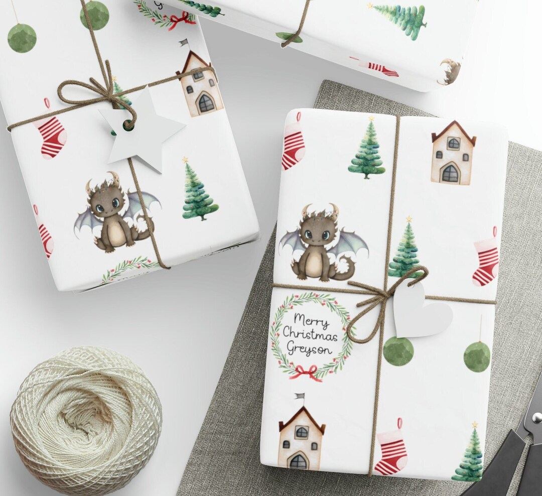 Personalized Cute Dragon Christmas Wrapping Paper, Custom Dragon ...