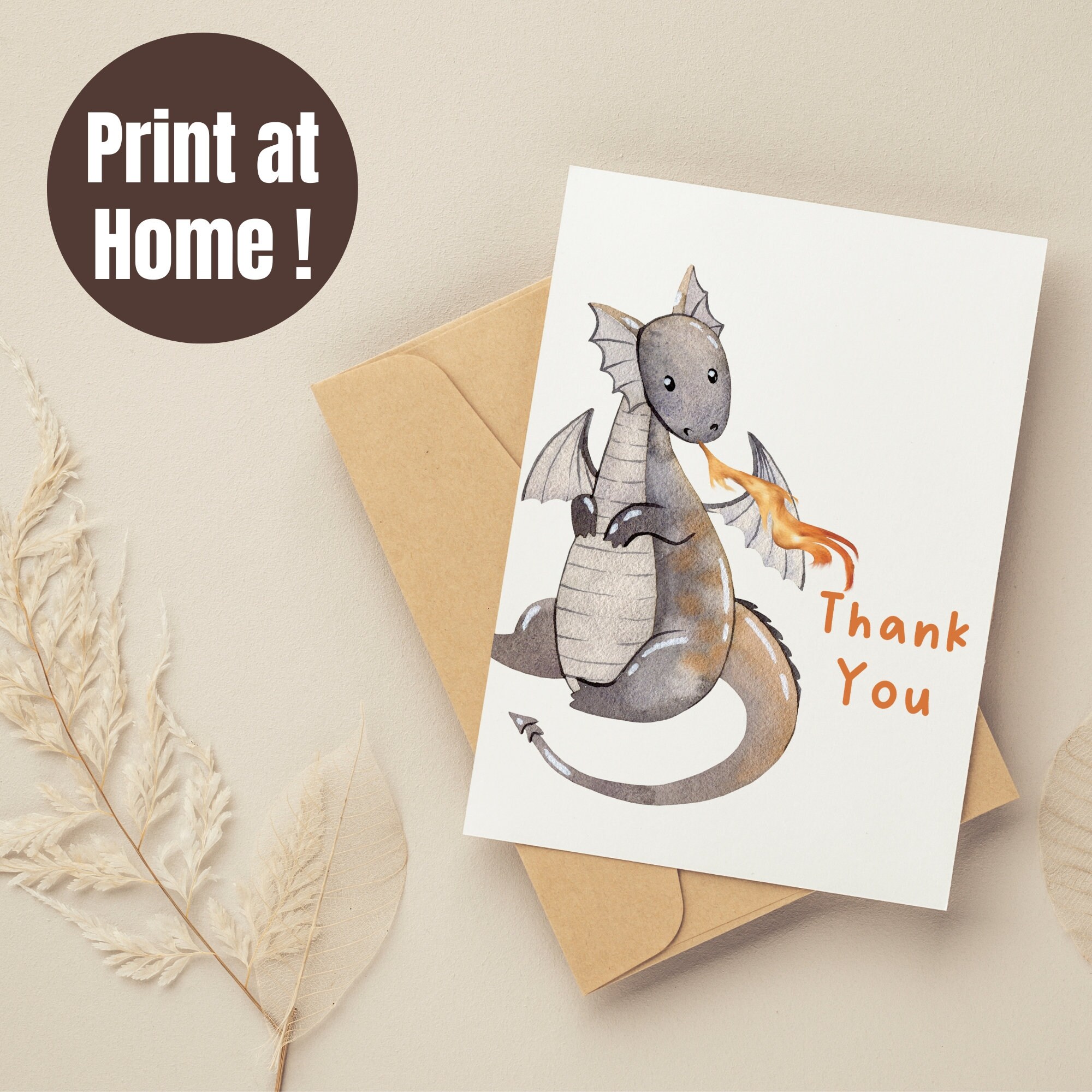 Printable Cute Dragon Digital Thank You Card, Digital Printable Thank ...