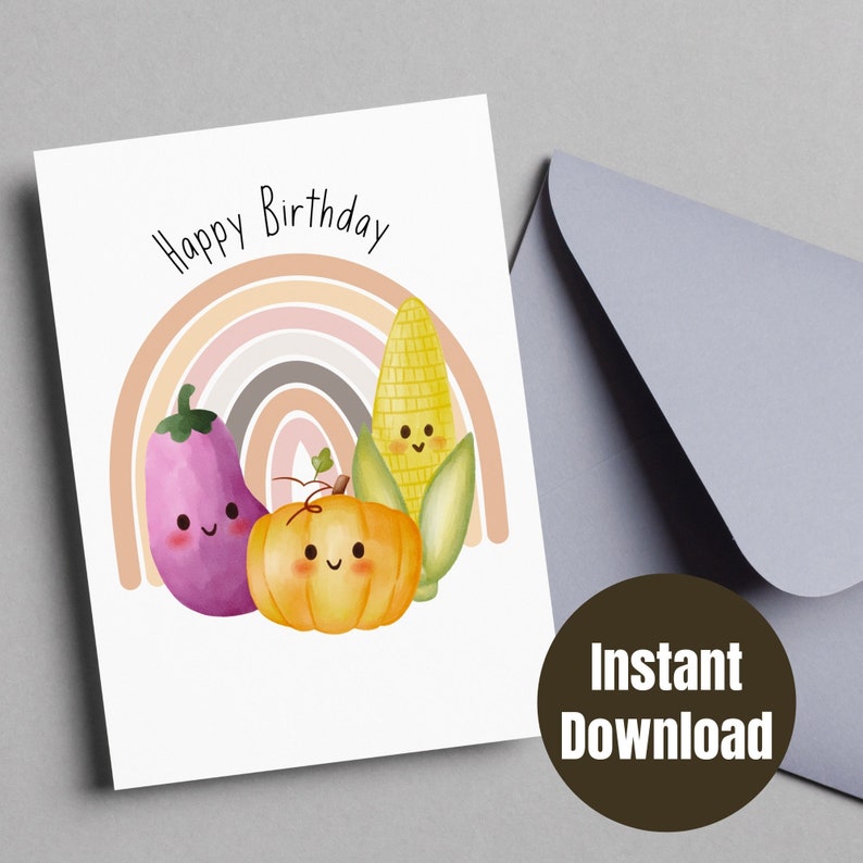 Printable Cute Vegetable Boho Rainbow Digital Birthday Card, Digital ...