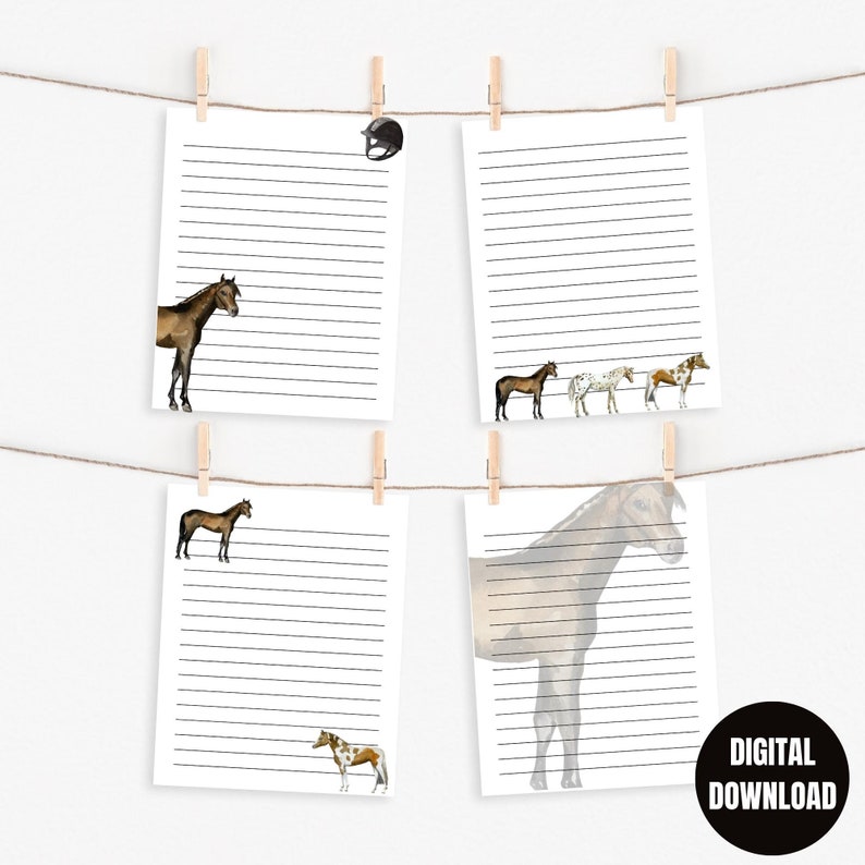 4 Page Equestrian Printable Stationery Set, Horse Stationery Set, 8 ...