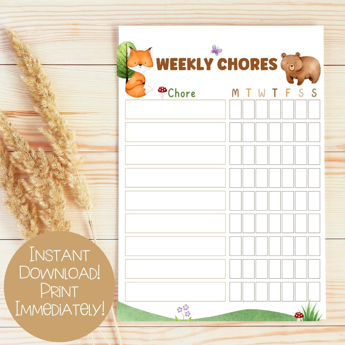 Woodland Animal Printable Kids Weekly Chore Chart, Printable Chore ...