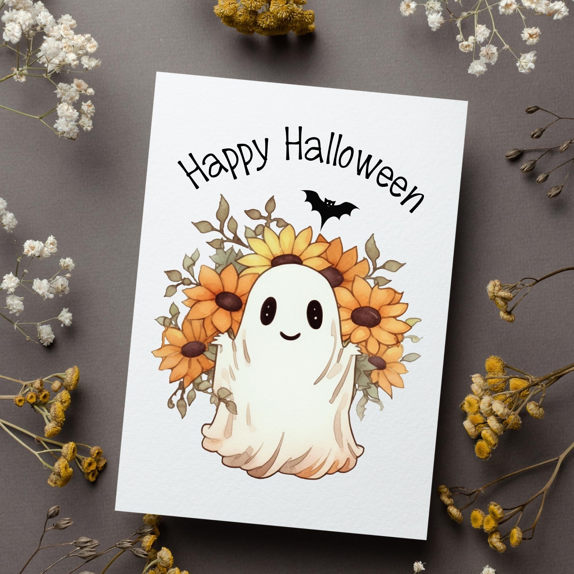 Printable Boho Halloween Digital Card, Printable Boho Floral Ghost ...