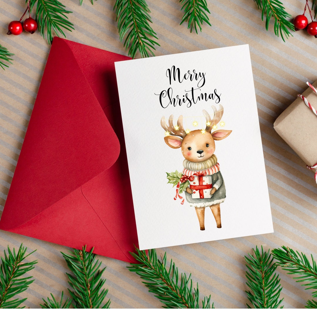 Printable Merry Christmas Digital Card, Cute Reindeer Digital Christmas ...