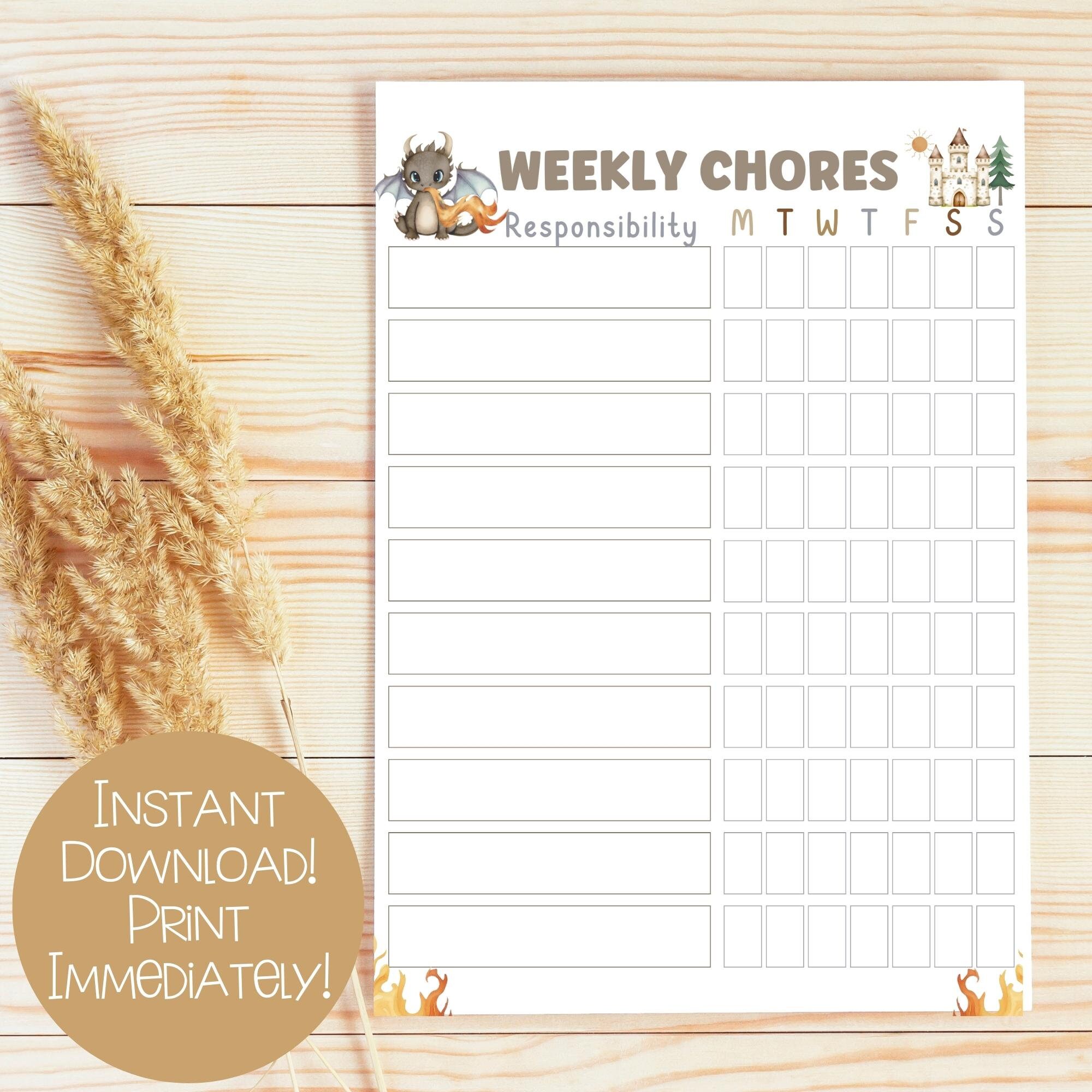 Dragon Printable Kids Weekly Chore Chart, Kids Printable Chore Chart ...