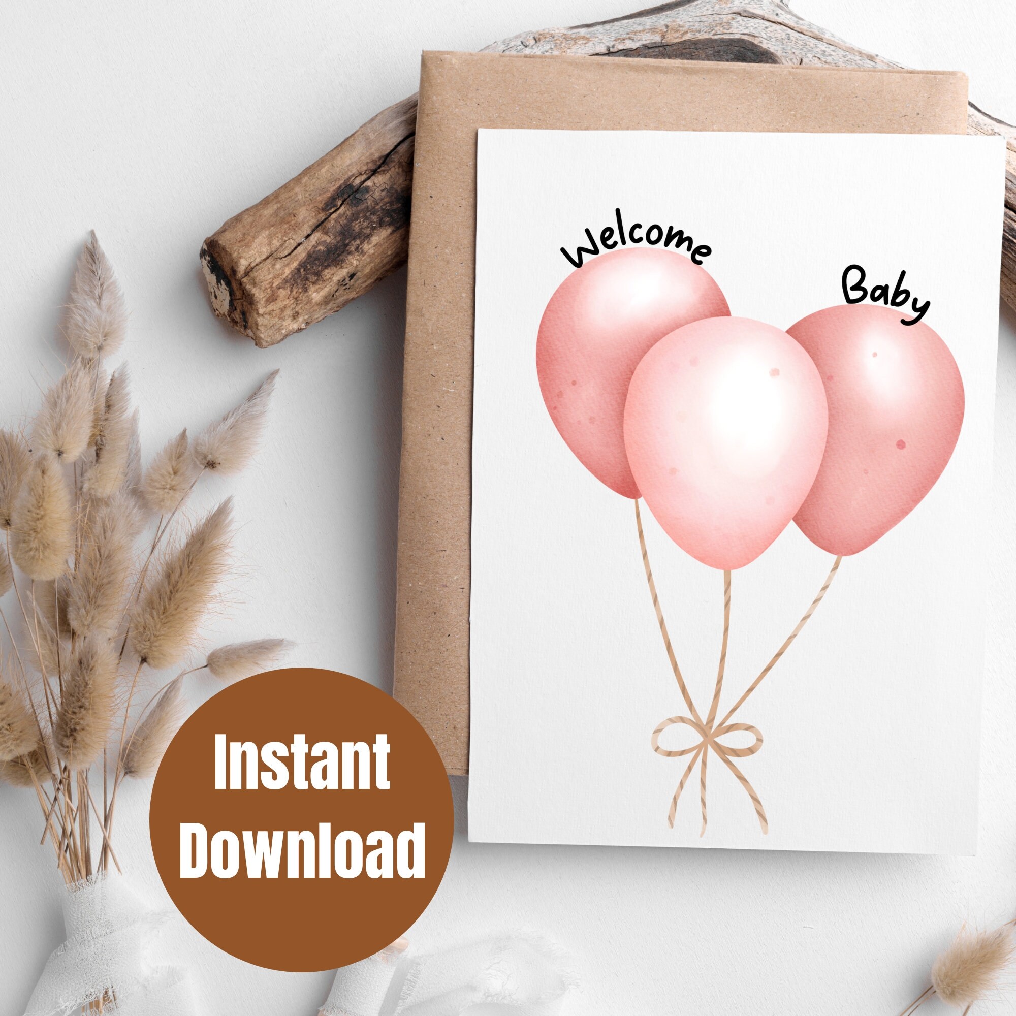 Pink Balloons Printable Baby Shower Greeting Card, Digital Baby Shower ...
