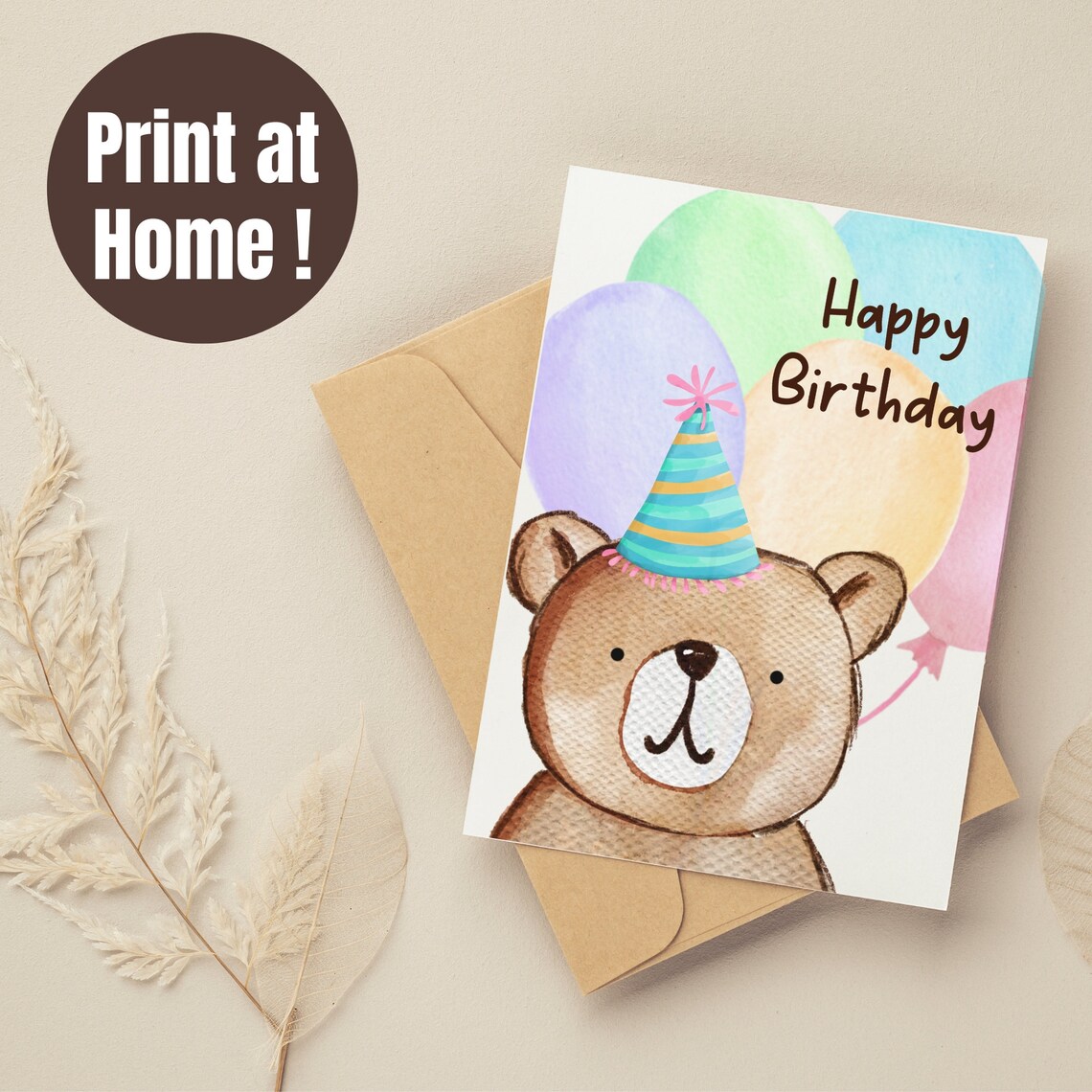 Printable Cute Bear Digital Birthday Card, Digital Printable Birthday ...